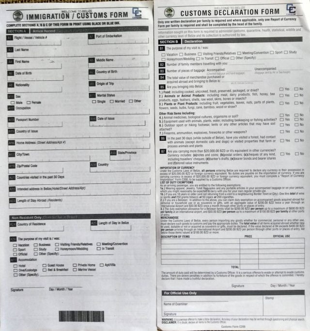 Belize Customs Form - Belize Safety - Customs In Belize